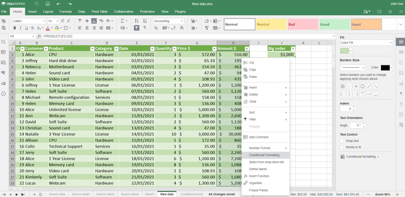 Conditional formatting based on another cell in Excel sheets