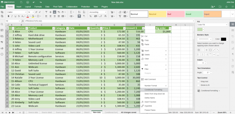 Conditional formatting based on another cell in Excel sheets