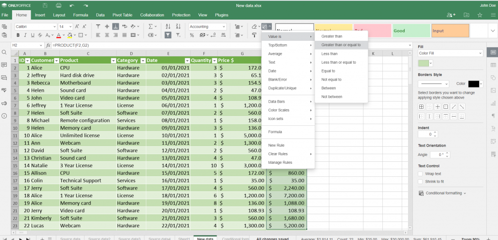 Conditional formatting based on another cell in Excel sheets