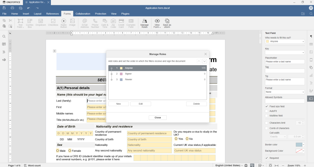 ONLYOFFICE Desktop Editors v7.3 released: roles in forms