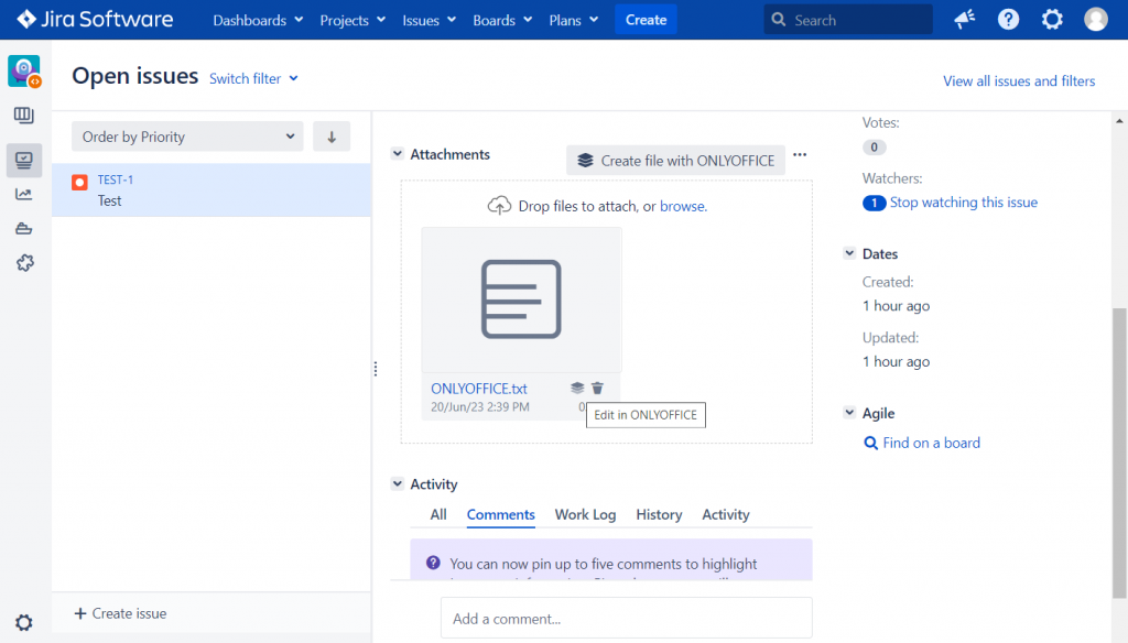 Cómo editar archivos no OXML en Jira con ONLYOFFICE