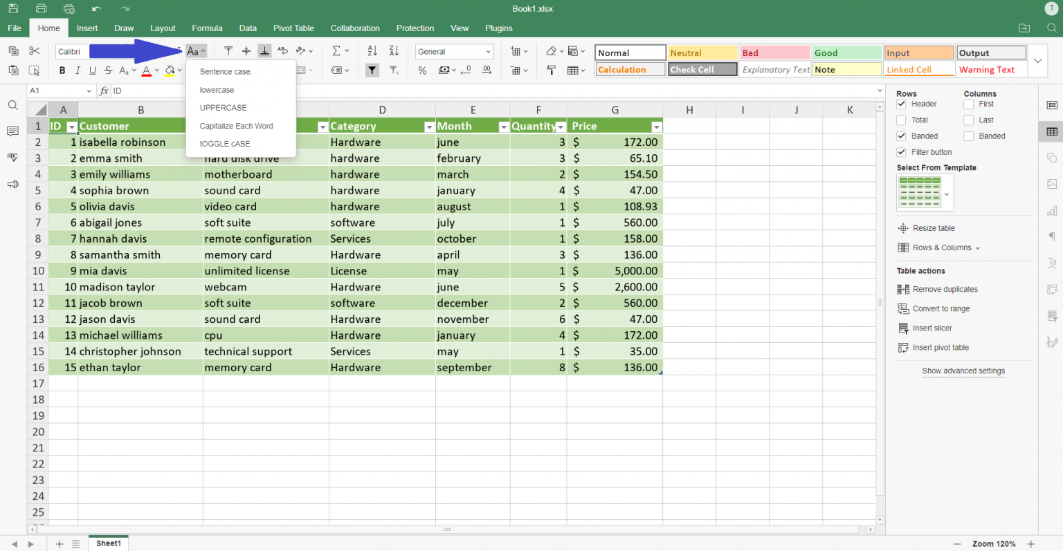 Comment changer la casse dans une feuille Excel