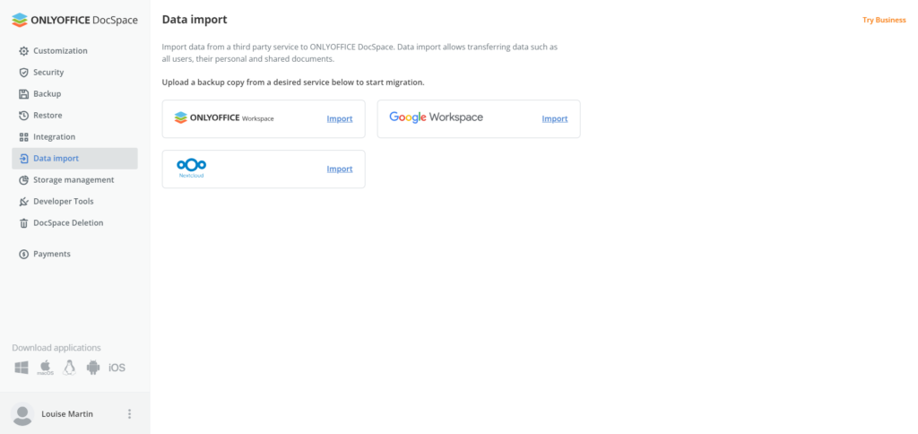 Seamlessly migrate to ONLYOFFICE DocSpace with Data import