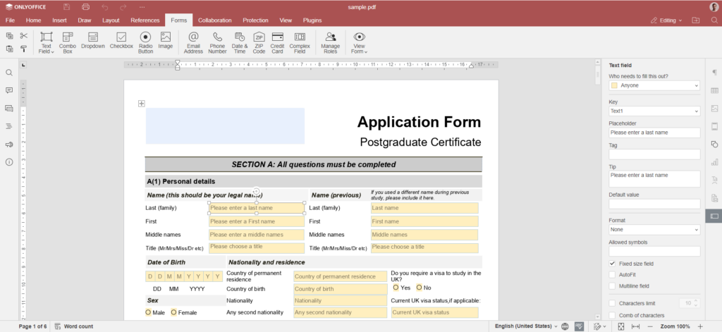 ONLYOFFICE connector v9.3.1 for ownCloud: create PDF forms