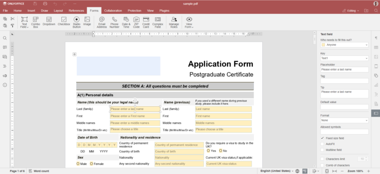 ONLYOFFICE connector v9.3.1 for ownCloud: create PDF forms