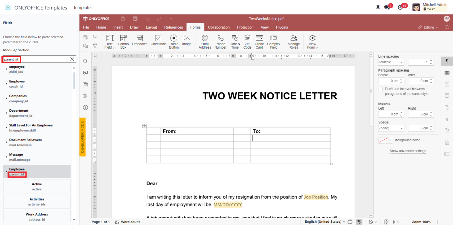 How to create a new ONLYOFFICE form template for Odoo