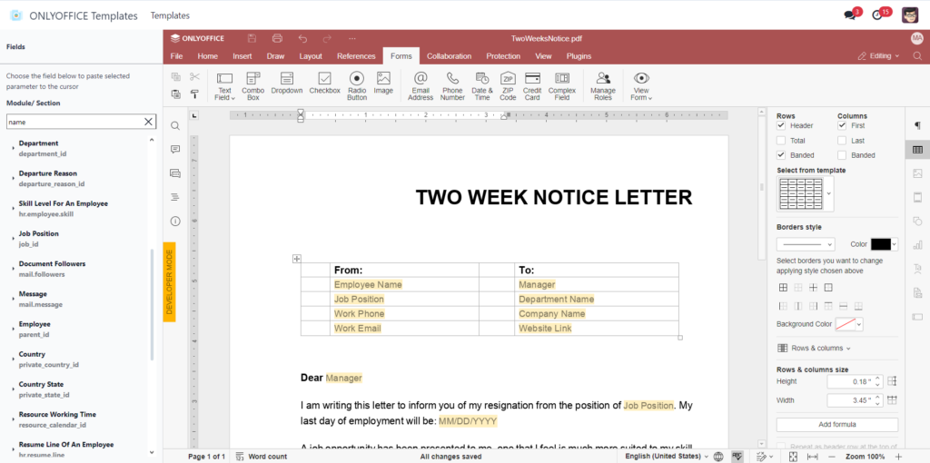How to create a new ONLYOFFICE form template for Odoo