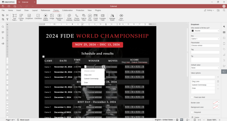 FIDE World Chess Championship 2024: schedule and results