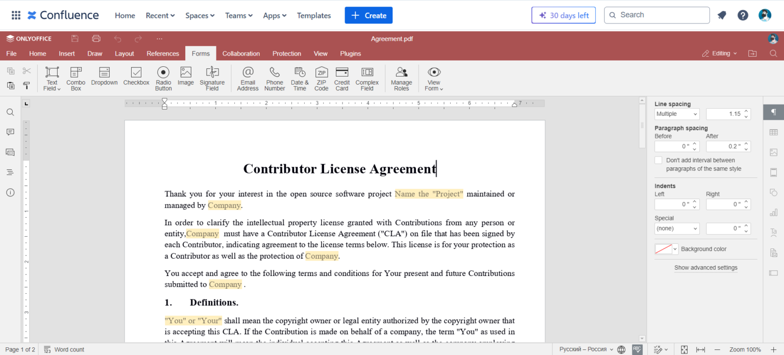 ONLYOFFICE v1.2.0 para Confluence: edita y colabora en PDF