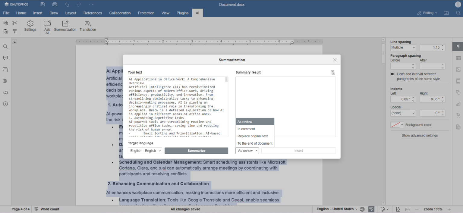 Herramientas de IA para suites ofimáticas: IA en ONLYOFFICE