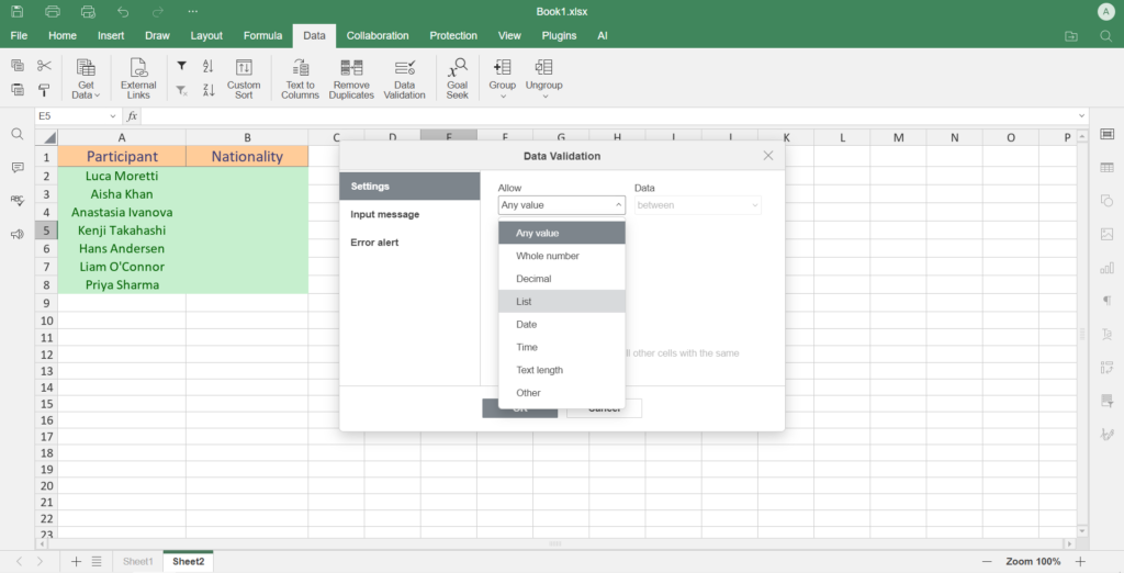 How to create a drop-down list in Excel sheet