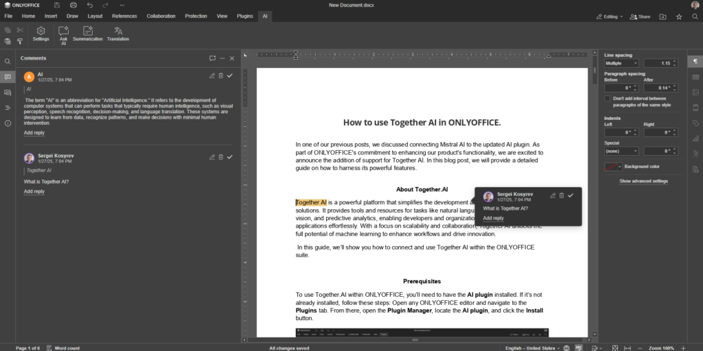How to use Together AI in ONLYOFFICE | ONLYOFFICE Blog