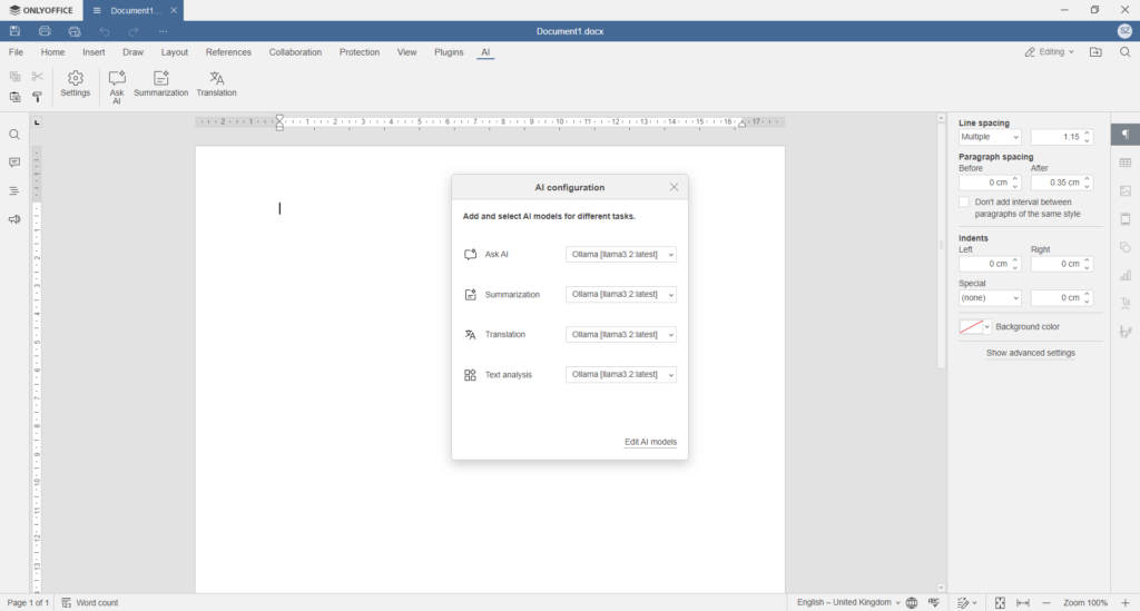 How to connect Ollama to ONLYOFFICE and use its AI models