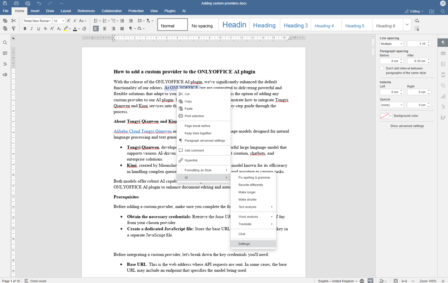 How to add a custom provider to the ONLYOFFICE AI plugin | ONLYOFFICE Blog