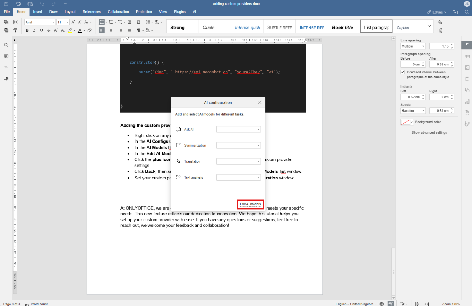 How to add a custom provider to the ONLYOFFICE AI plugin | ONLYOFFICE Blog