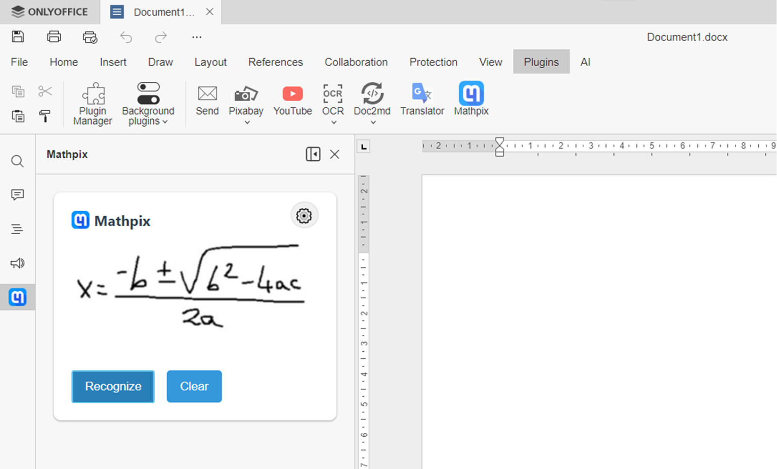 Plugin Mathpix en ONLYOFFICE: convierte fórmulas y texto
